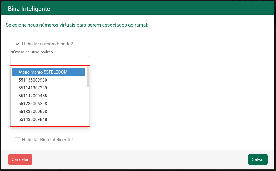 Configuração de bina inteligente – 0800 e 4004 para 55PBX PABX Virtual